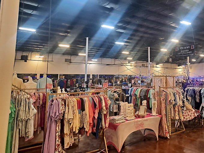 Vintage fashion finds hang in colorful rows, offering second chances to styles that prove everything old becomes wonderfully new again.