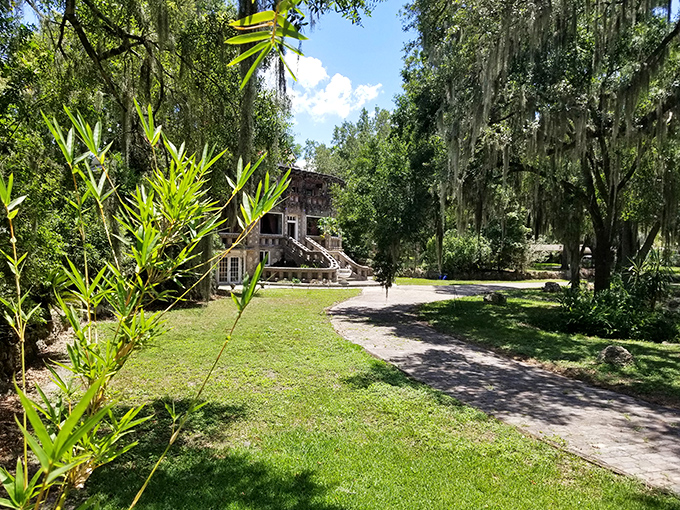 Lush greenery frames the approach to Wonder House, where Florida's natural landscape embraces this concrete curiosity.