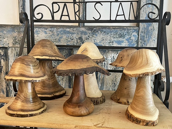 Wooden mushroom sculptures that bring the outdoors in. Alice in Wonderland would feel right at home with these whimsical creations.