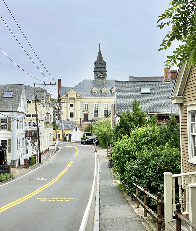Colorful shops and that towering monument create the perfect blend of whimsy and history along Commercial Street.