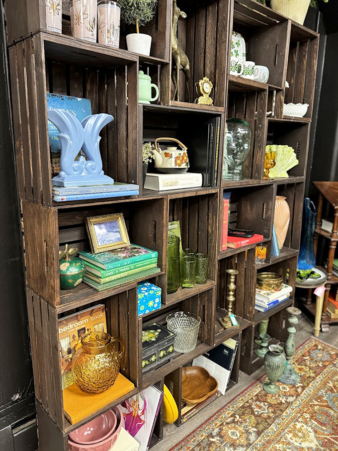 Wooden crates transformed into the most charming display shelves. Marie Antoinette would approve of that teapot's new humble-chic home.