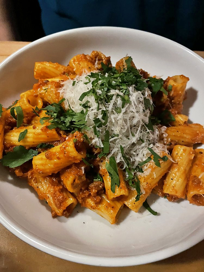 Rigatoni swimming in bacon bolognese &ndash; this is what pasta dreams are actually made of.