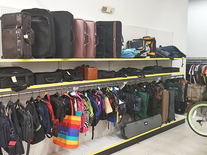 Luggage that's seen more airports than most pilots stands ready for new adventures. That rainbow tote bag is practically screaming "Pick me for your next farmers market run!"
