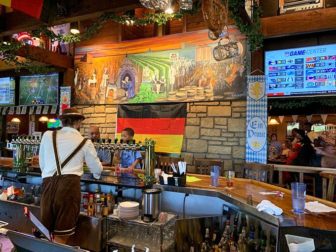 A bar that honors German brewing traditions while keeping things Kansas casual. The mural tells stories while the taps pour liquid gold.