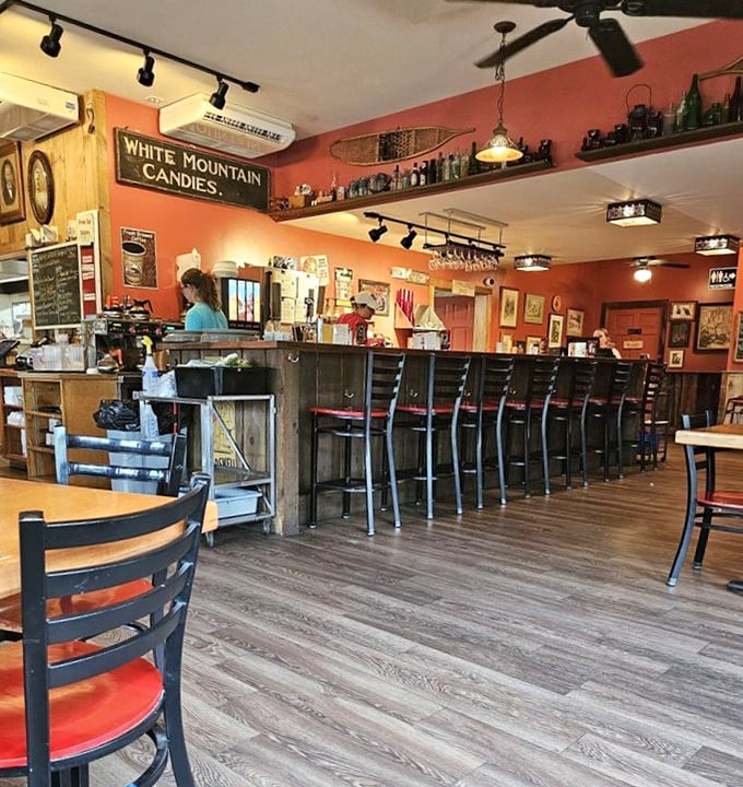 The bar area: where maple memorabilia meets rustic charm, and breakfast decisions of monumental importance are contemplated.