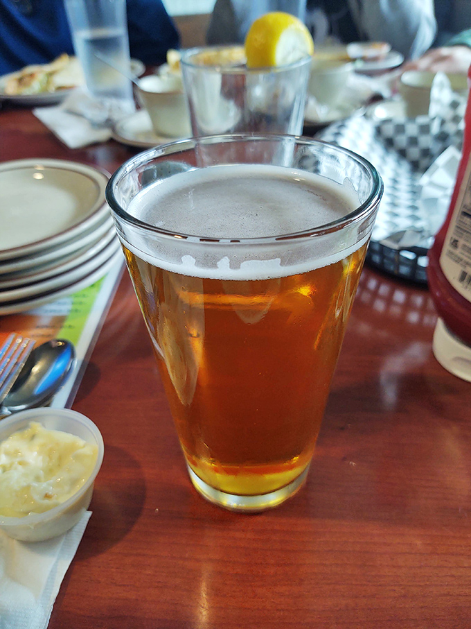 A perfectly poured local brew catching the light just right. In Oregon, beer is considered a side dish to chowder.