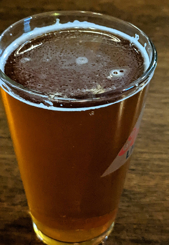 Amber perfection in a glass. The light catches this perfectly poured pint, promising refreshment with depth of character&mdash;just like the pub itself.