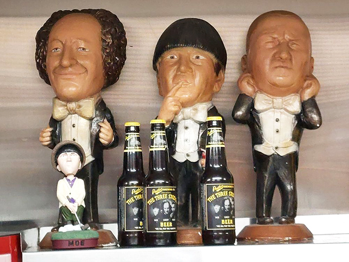 The Three Stooges watch over the dining room like patron saints of comfort food and belly laughs.