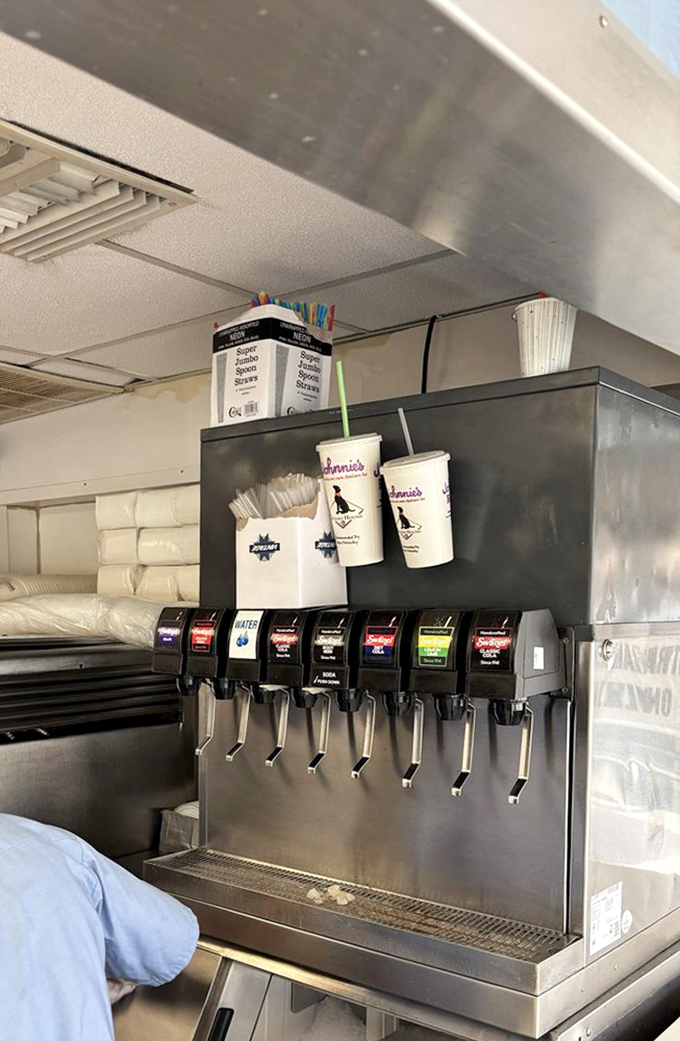 The soda fountain&mdash;where your beverage choices are as straightforward as everything else at Johnnie's. No artisanal kombucha here, folks.