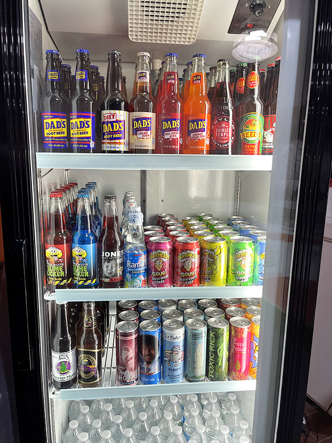 Not your average beverage selection. These vintage sodas and colorful bottles are liquid nostalgia, promising fizzy memories with every sip.