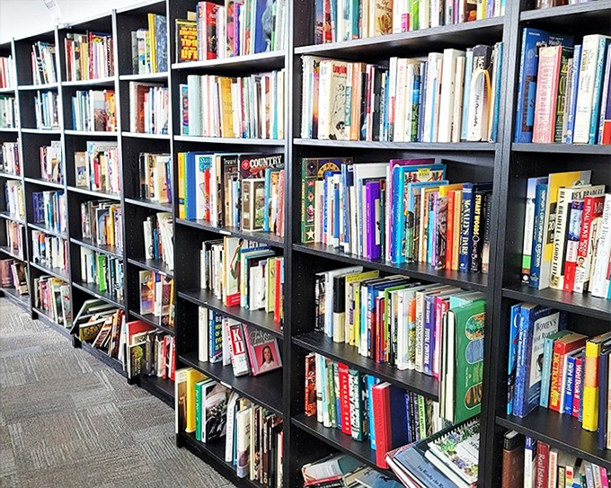 Floor-to-ceiling bookshelves packed with colorful spines &ndash; a bibliophile's dream where $25 could build a respectable home library from scratch.