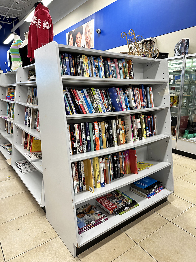 The book section, where literary treasures and forgotten bestsellers create a library of possibilities for just a fraction of their original cover price.