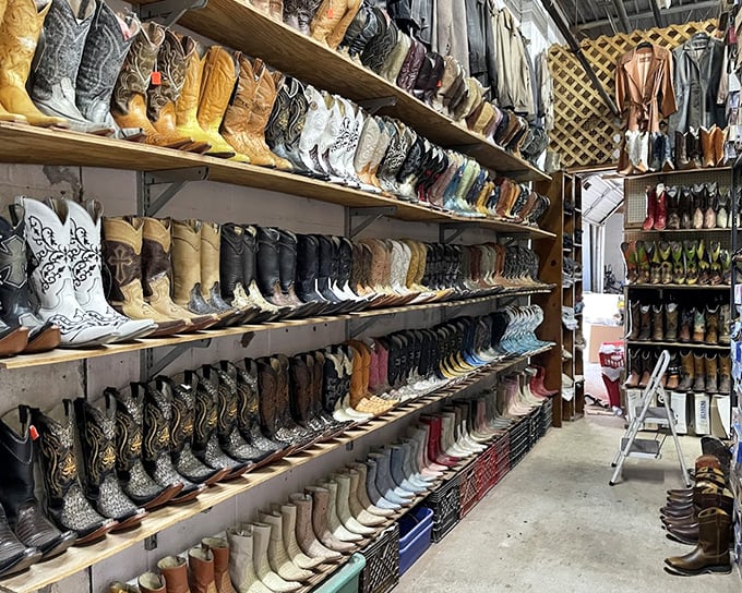 Cowboy boot paradise where every pair tells a story. From barely worn to perfectly broken-in, your next two-step partners are waiting somewhere on these shelves. 