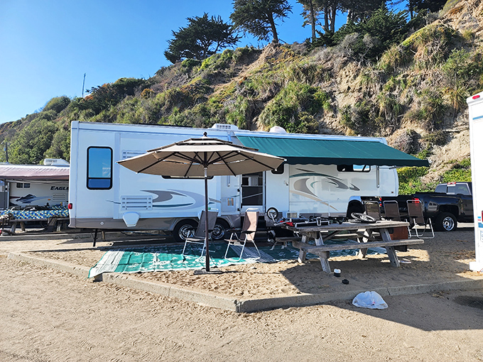 Beachfront camping, California-style. Where your morning coffee comes with complimentary ocean views and the soothing soundtrack of waves.