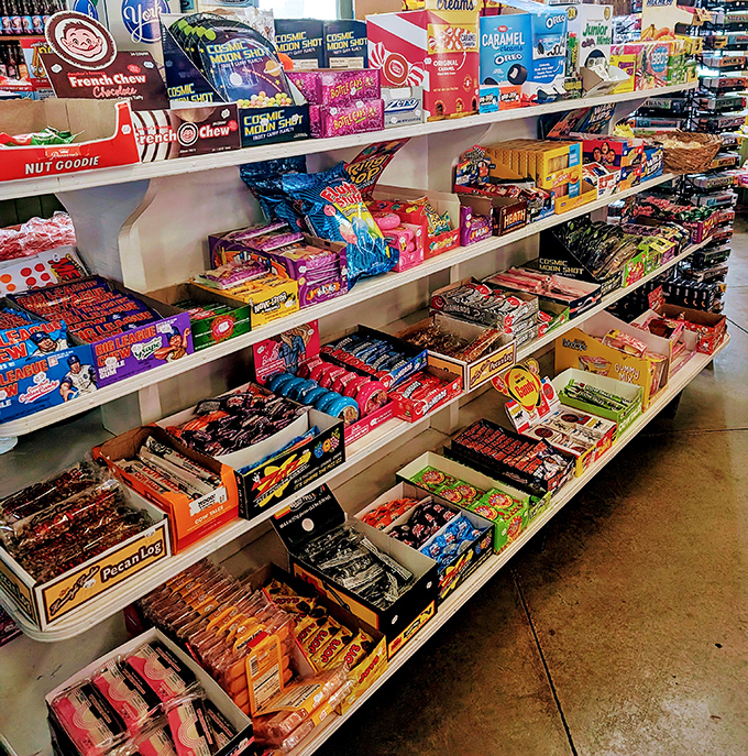 Candy shelves that would make Willy Wonka jealous. Your inner eight-year-old is already calculating how many allowances this would cost.