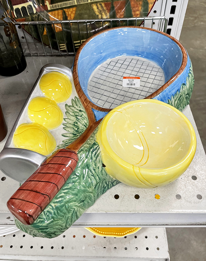 This tennis racquet serving dish proves that at Goodwill, one person's "what were they thinking?" becomes another's conversation-starting centerpiece.