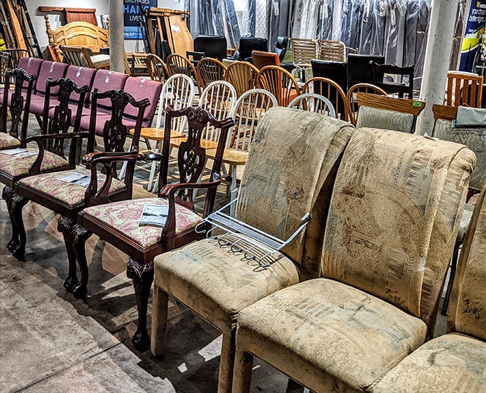 Chair lineup! From elegant dining options to comfortable recliners, these seats have stories to tell about dinners past.