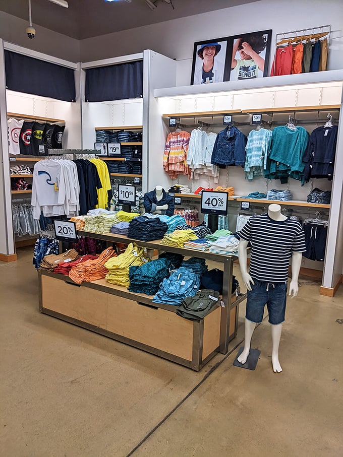 Color-coded casual wear arranged with military precision. Even Marie Kondo would approve of this retail organization that sparks joy and savings.