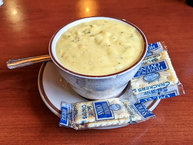 Clam chowder in the heartland? Yes, and it's surprisingly legitimate—creamy, hearty, and served with those little oyster crackers that instantly transport you to childhood.