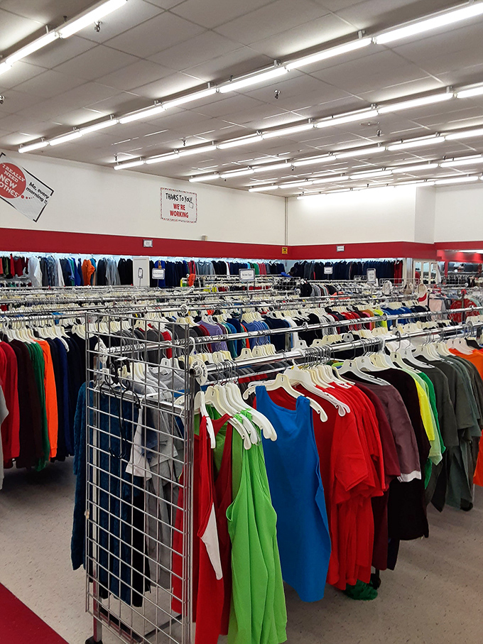 A rainbow of second-chance clothing. The color-coded racks make finding your size easier than locating the pickle on a McDonald's cheeseburger.