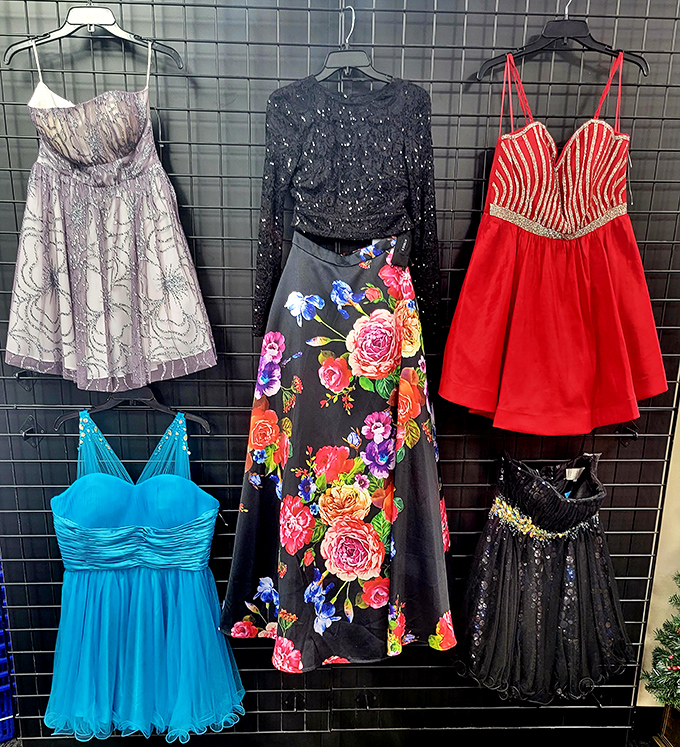 Formal wear that whispers of proms past and weddings to come, each sequined dress holding stories while waiting for its next night to shine.