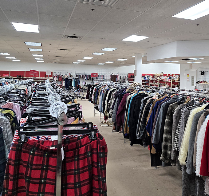 Endless racks of possibilities stretch toward the horizon, organized chaos transformed into shopping paradise complete.