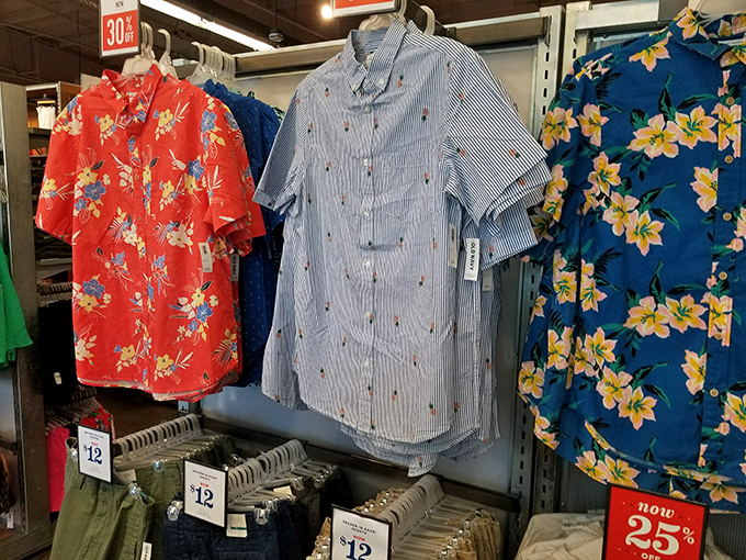 Hawaiian shirts in a riot of colors promise vacation vibes even if you're just heading to a backyard barbecue. The middle one whispers, "Jimmy Buffett would approve."