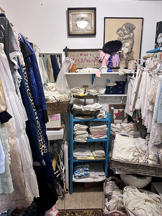 The vintage clothing nook feels like stepping into your stylish great-aunt's closet &ndash; where lace, linen, and leopard print tell stories of fashions past.