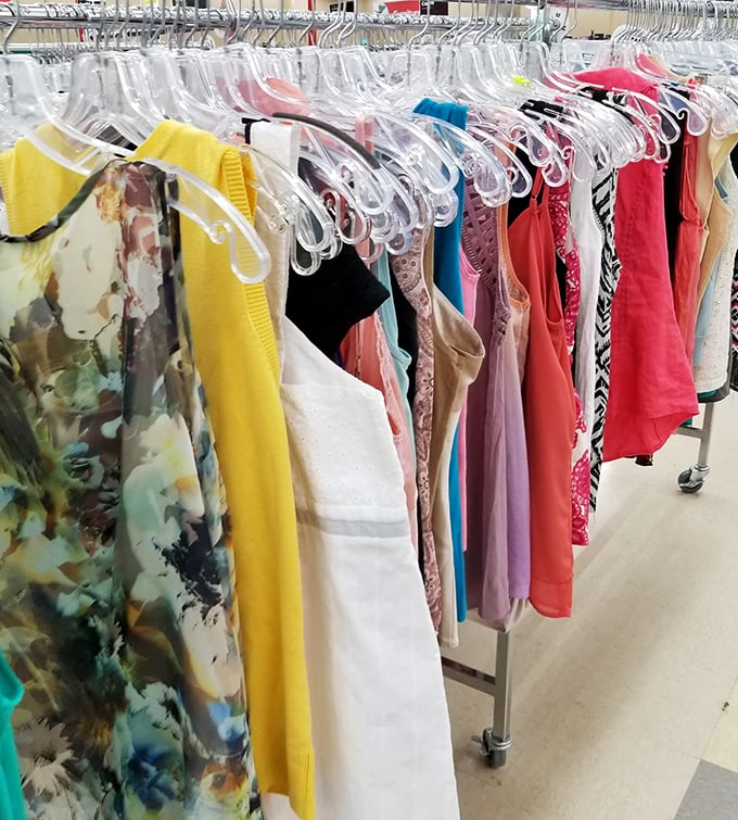 A rainbow of fabrics tells a thousand fashion stories. Yesterday's trends become tomorrow's vintage finds on these ever-changing racks.