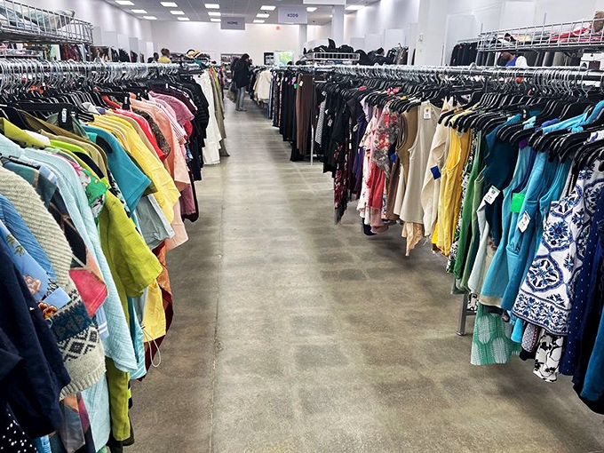 Color-coordinated racks creating shopping paths more satisfying than any department store's pretentious displays could manage.