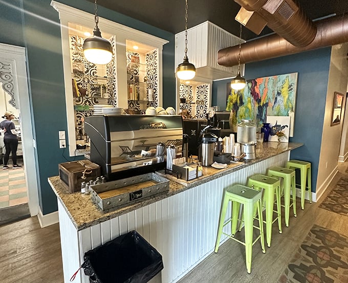 Coffee bar perfection: where caffeine dreams come true. Those lime-green stools add just the right pop of color to brighten your morning outlook.