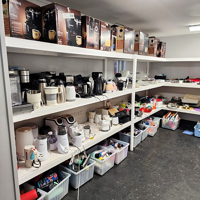 Coffee makers in various states of retirement &ndash; from "barely used wedding gift" to "survived three office relocations and still brewing."