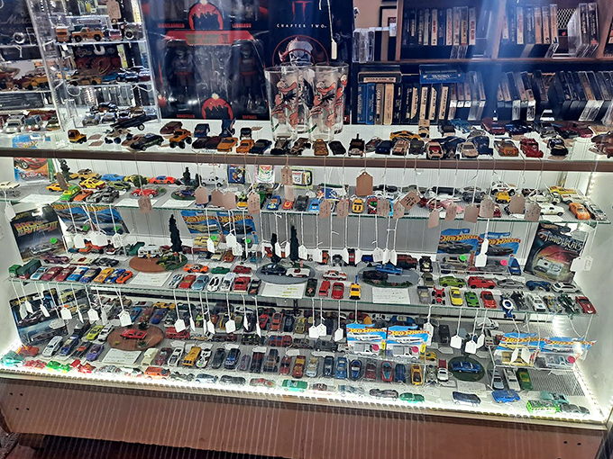 This display case is a miniature museum of collectible cars and action figures&mdash;childhood memories preserved under glass for nostalgic adults.