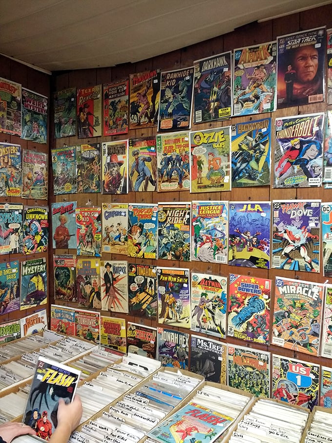 Comic book heaven where superheroes from every era stand guard. That feeling when you find the missing issue from your childhood collection is pure time-travel joy.