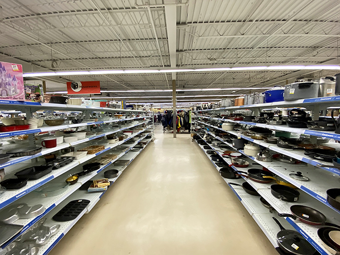 The cookware aisle: where cast iron pans with decades of seasoning wait for cooks who appreciate that some things really were built better back then.