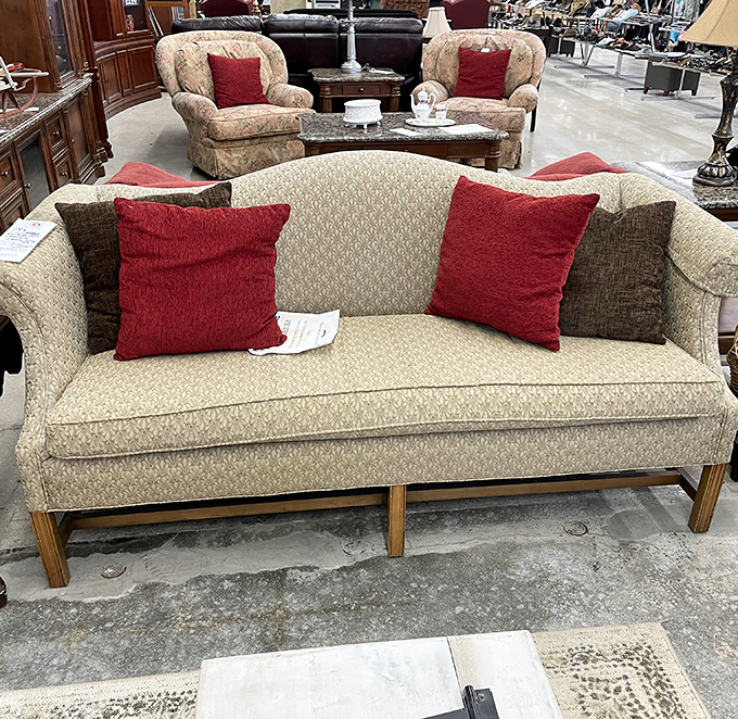 Living room elegance without the sticker shock. Those red accent pillows are practically begging for a Netflix marathon.