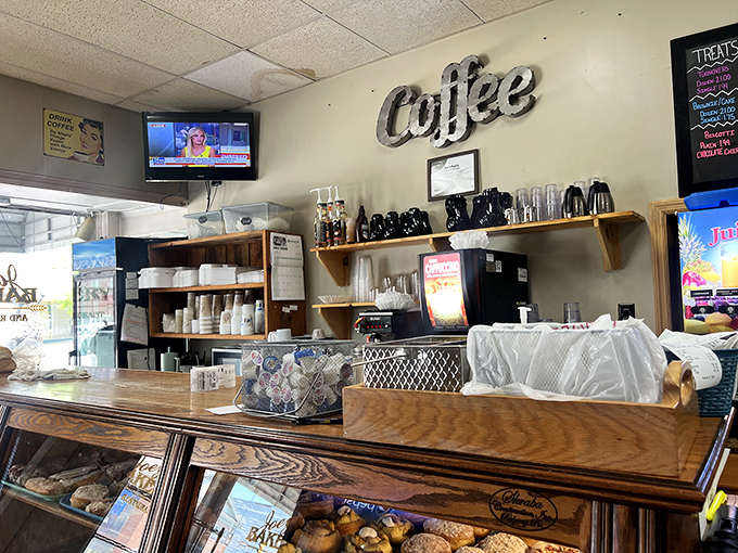 The coffee station&mdash;command central for morning revival operations&mdash;where caffeine dreams are fulfilled one mug at a time.