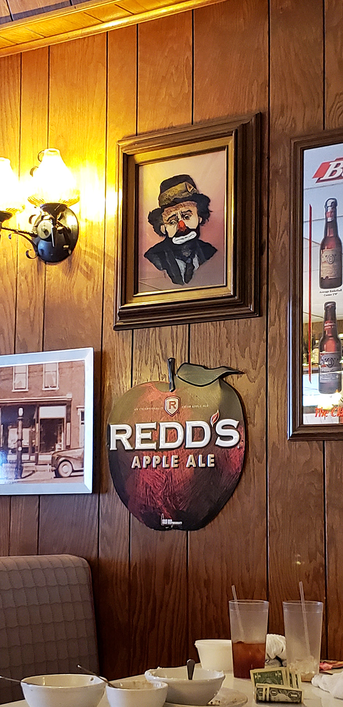 The eclectic wall decor tells stories of decades past, where every vintage sign and quirky painting has earned its place through years of service.