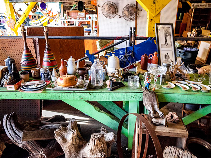 Treasure hunter's paradise where yesterday's knickknacks become tomorrow's conversation pieces. That lamp? "It's vintage, darling, not old."