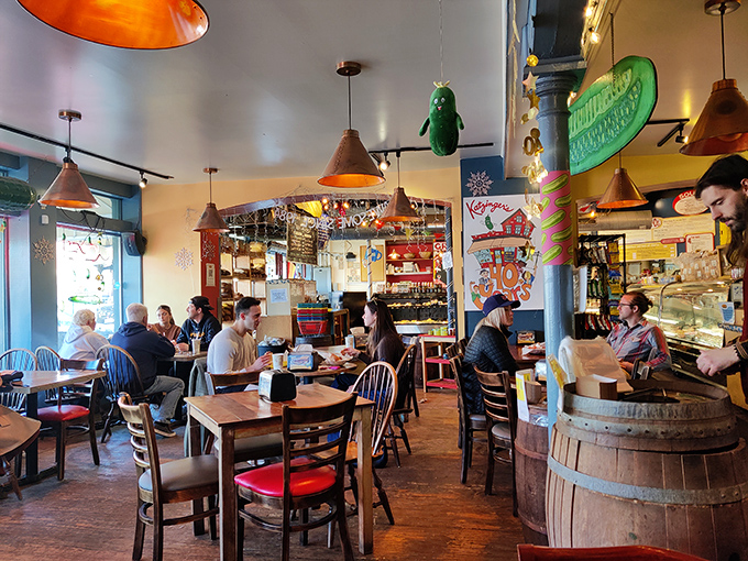 Diners dig into their meals surrounded by quirky decor, proving that great food tastes even better in fun surroundings.