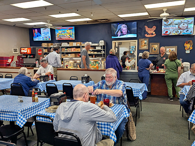 Regulars and first-timers share space in democratic harmony, united by the universal language of good Southern cooking.