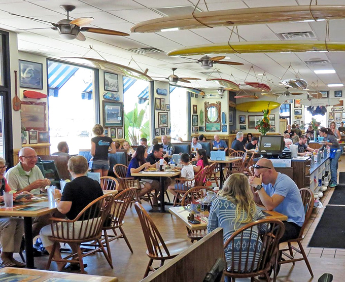 Where locals and tourists unite under the universal language of "pass the syrup." The ceiling surfboards keep watch over happy diners.