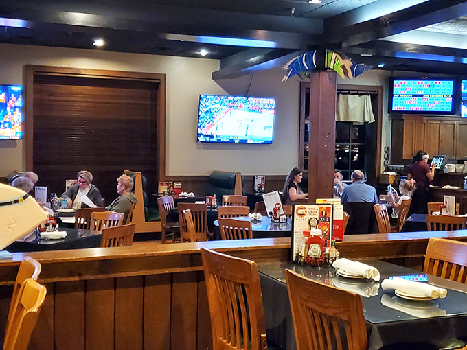 The lively dining area buzzes with conversation and clinking glasses&mdash;proof that good food brings people together, even far from any ocean.