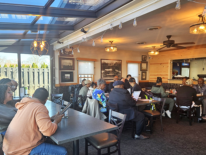The sunroom dining area&mdash;where "eating outdoors" and "climate control" found their happy compromise. Best of both worlds.