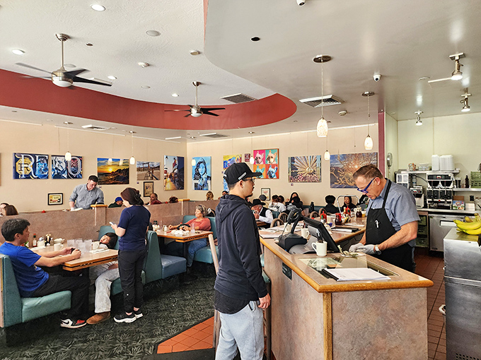 A bustling morning scene where servers navigate the breakfast rush with the precision of air traffic controllers and the warmth of old friends.