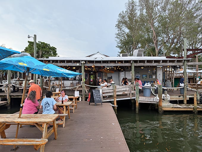 Where locals and tourists break bread together. The waterfront dining deck offers a democratic mix of flip-flops, fishing tales, and fantastic food.