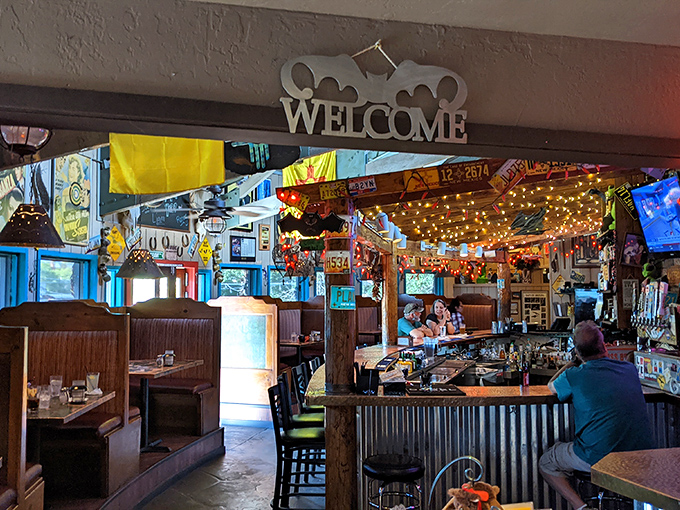 The bar area says "Welcome" in neon, but your taste buds will hear it loud and clear once you start ordering.