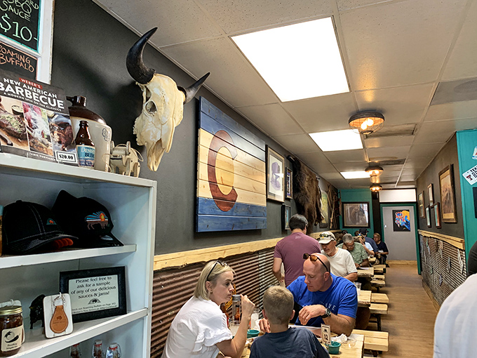 Where carnivores gather to worship at the altar of smoke. That buffalo skull watches approvingly over the proceedings.