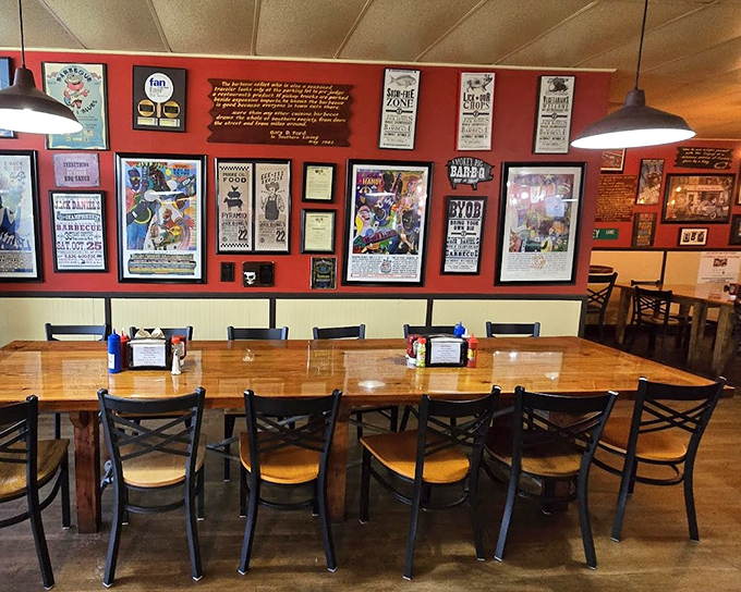 Where serious barbecue business happens. Those red walls have absorbed decades of smoke-scented stories and satisfied sighs.