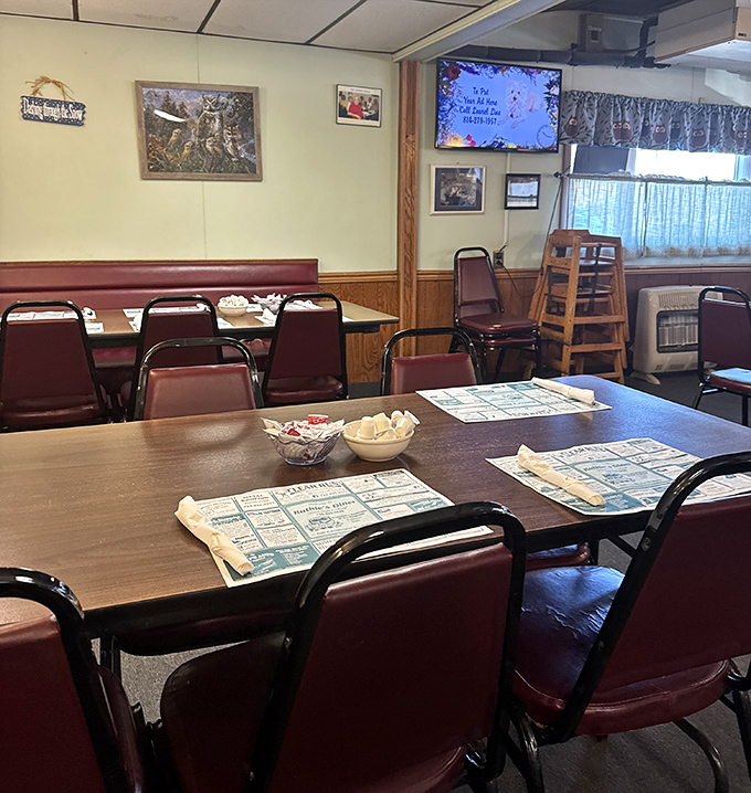 The dining area where memories are made between bites of comfort food. Wood paneling and wildlife art&mdash;Pennsylvania diner decor at its finest.